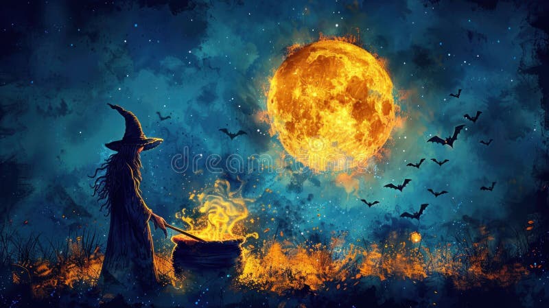 A Witch is Pouring Something into a Cauldron Under a Full Moon Stock ...
