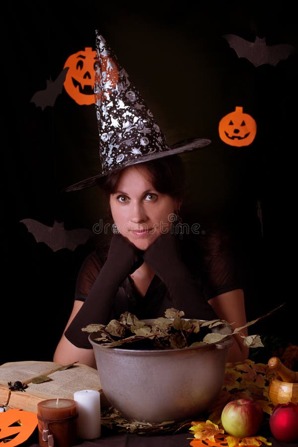 Witch Practicing Sorcery at Halloween Night Stock Photo - Image of ...