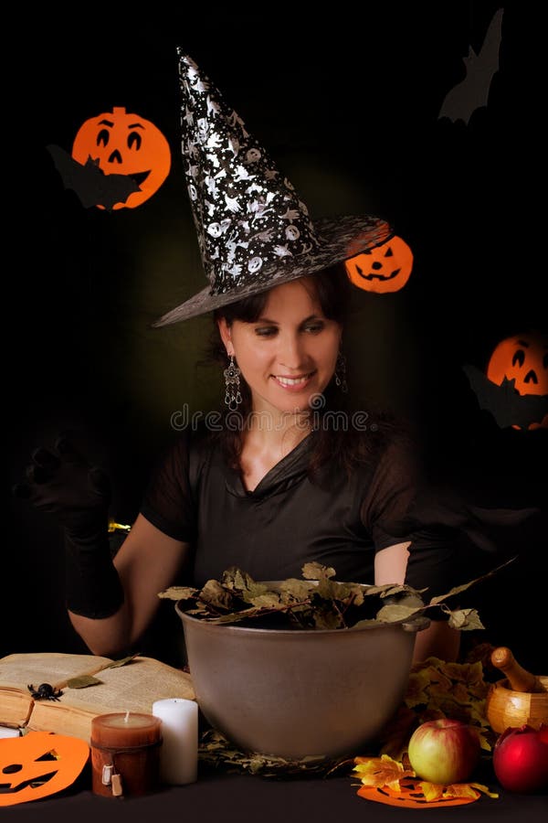 Witch Practicing Sorcery at Halloween Night Stock Photo - Image of ...