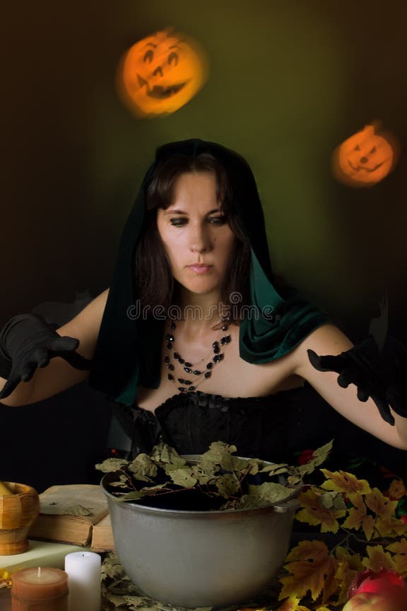 Witch Practising Sorcery at Halloween Stock Photo - Image of ...
