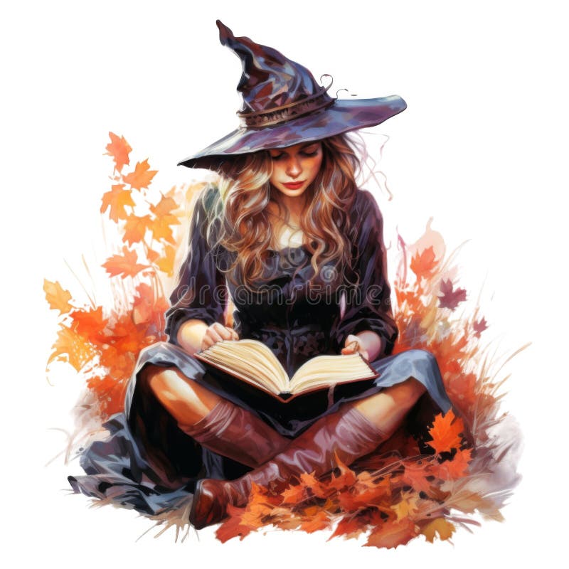 A Witch Reading a Book Amidst Autumn Leaves Stock Illustration ...