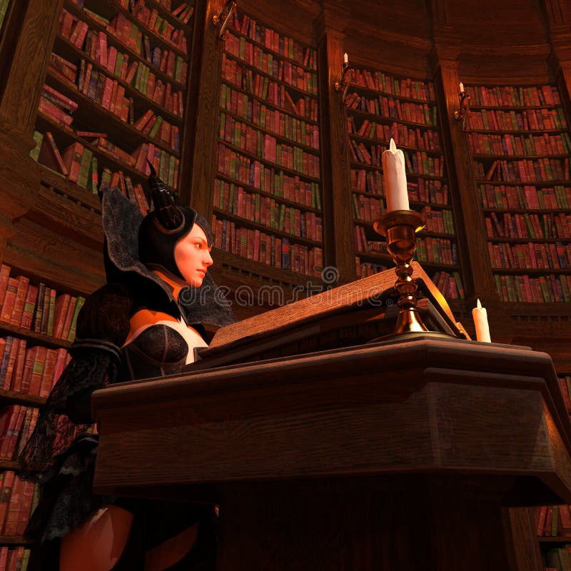 Witch is Reading Book. Magical Woman in Big Hat with Leaves and Flowers ...