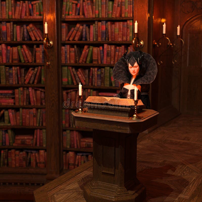 Witch is Reading Book. Magical Woman in Big Hat with Leaves and Flowers ...