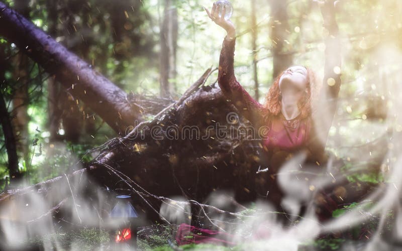 Witch ritual in a forest stock photo. Image of girl - 112566526