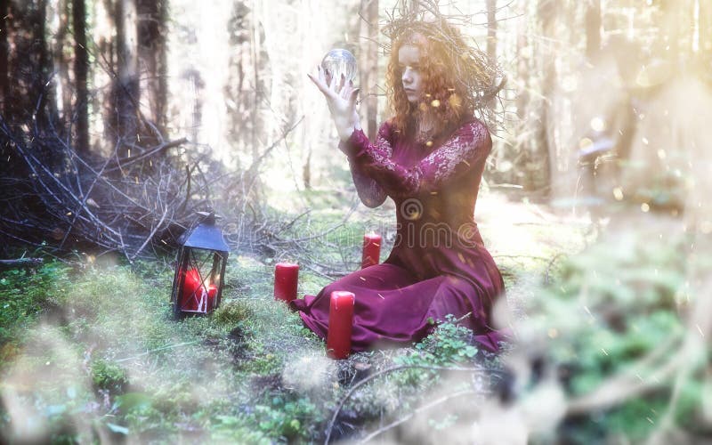 Witch ritual in a forest stock photo. Image of costume - 108801918