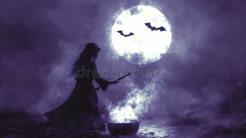 A Witch S Brew Under a Full Moon Stock Illustration - Illustration of ...