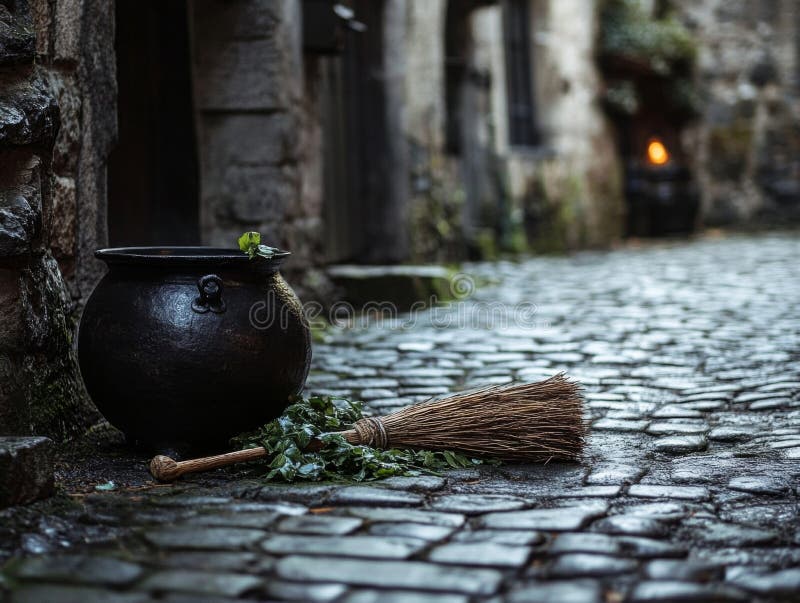 A Witch S Cauldron and Broom Resting on a Cobblestone Street Stock ...