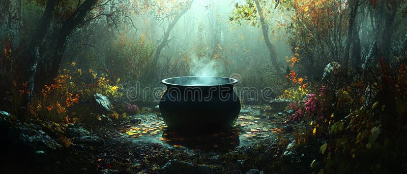 Witch S Cauldron Bubbling in a Haunted Forest Stock Illustration ...