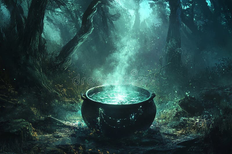 Witch S Cauldron Bubbling in a Haunted Forest Stock Illustration ...