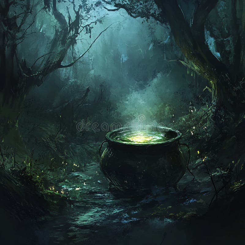 Witch S Cauldron Bubbling in a Haunted Forest Stock Illustration ...