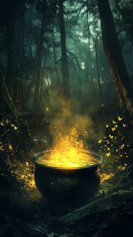 Witch S Cauldron Bubbling in a Haunted Forest Stock Illustration ...