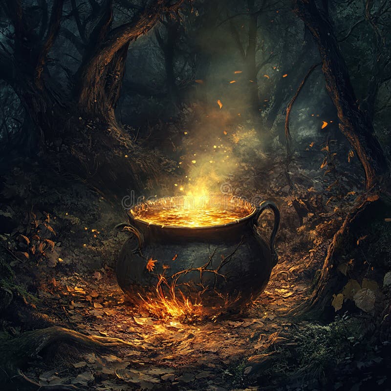 Witch S Cauldron Bubbling in a Haunted Forest Stock Illustration ...