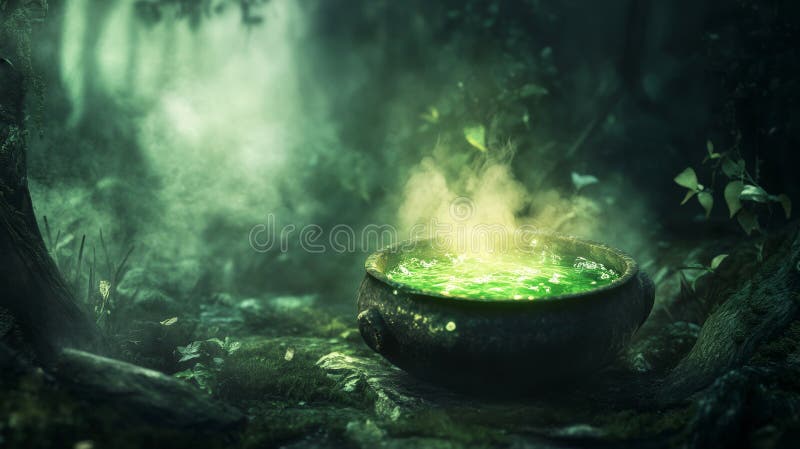 Witch S Cauldron in the Forest, Glowing Green with a Potion Stock ...