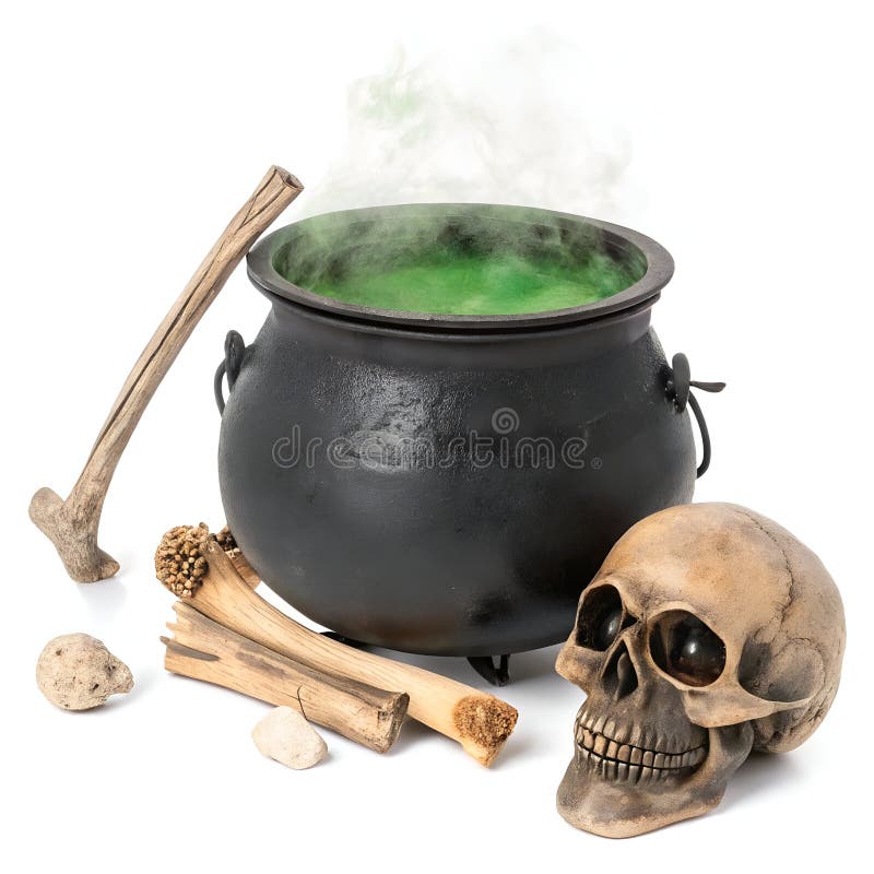 Witch S Cauldron with Green Potion, Bones, and Skulls Stock ...