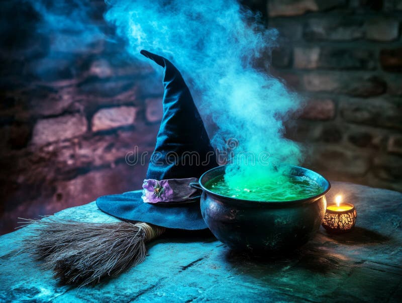 Witch S Cauldron with Green Potion, Hat, and Broom Stock Illustration ...