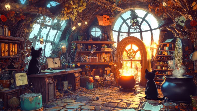 A Witch s Cozy Cabin stock illustration. Illustration of foggy - 331992951