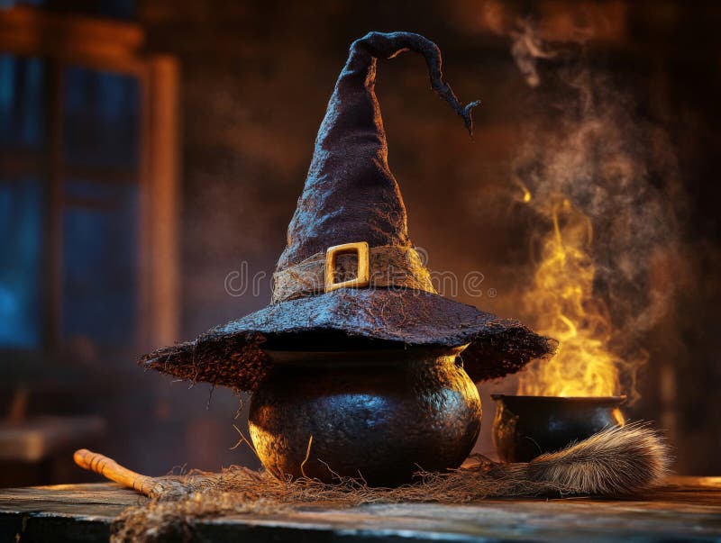 Witch S Hat, Cauldron, and Broom in a Mystical Setting Stock ...