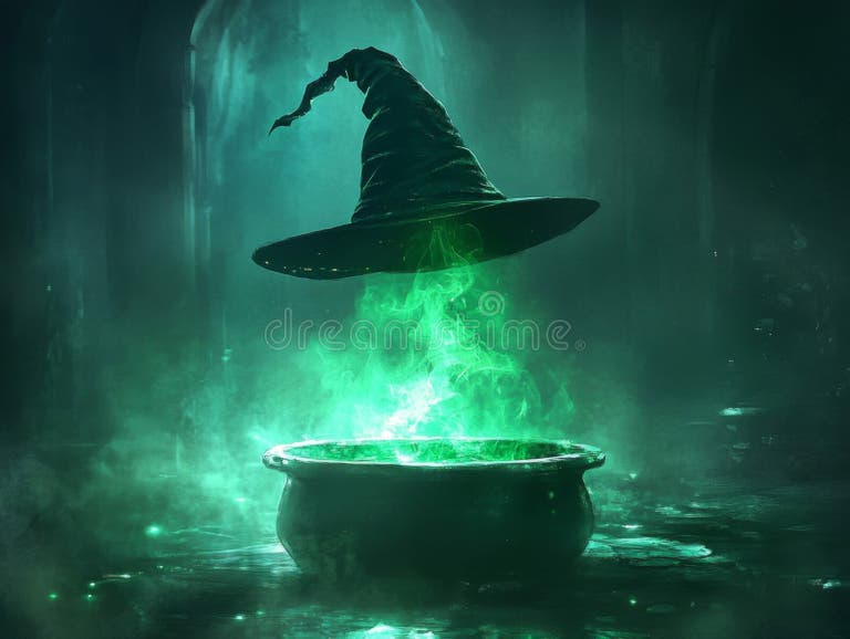 A Witch S Hat Hovering Above a Cauldron of Bubbling Green Potion Stock ...
