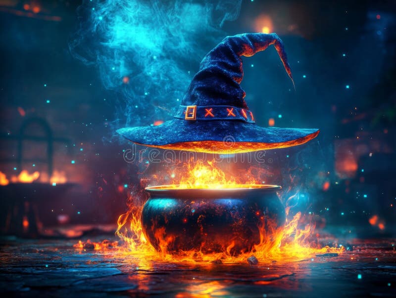 A Witch S Hat Hovering Above a Flaming Cauldron Stock Illustration ...