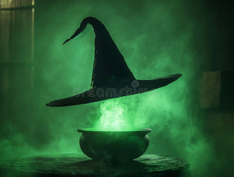A Witch S Hat Hovering Over a Cauldron Filled with Green Smoke Stock ...