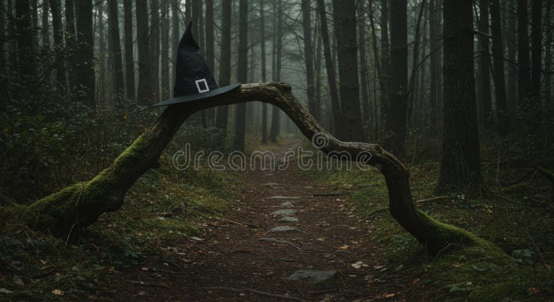 Witch S Hat on Mossy Branches Arching Over Forest Path Stock ...