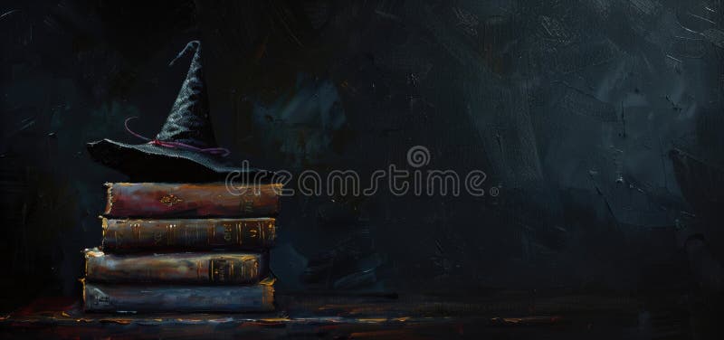 A Witch S Hat Rests Atop a Stack of Ancient Books Against a Dark ...