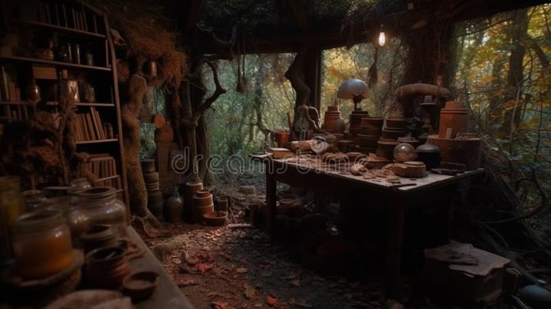 Abandoned Room of a Witch in the Forest Stock Illustration - Illustration of light, sculpture ...