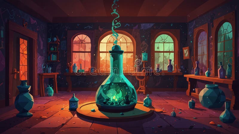 Witch S Potion Room with Large Glowing Cauldron and Mystical Artifacts ...