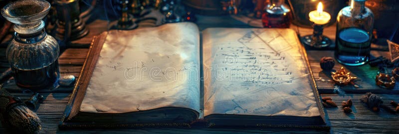 A Witch S Spellbook Open To a Blank Page, Surrounded by Mystical ...
