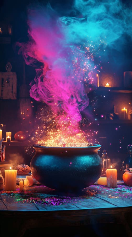 Witches Table with Bubbling Cauldron and Magical Objects in Dark Room ...