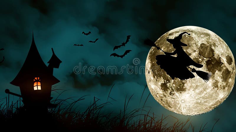 Witch Silhouette Flying Against a Full Moon with Haunted House Backdrop ...