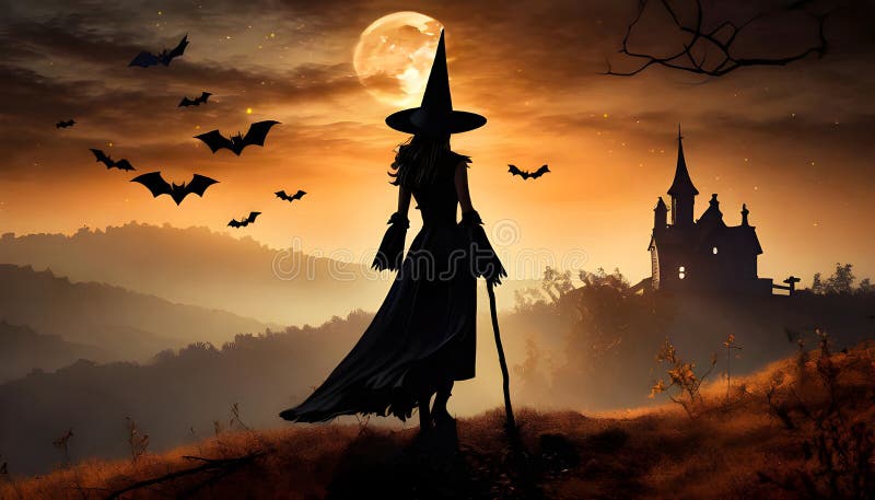 Witch Silhouette and Haunted House Stock Illustration - Illustration of ...