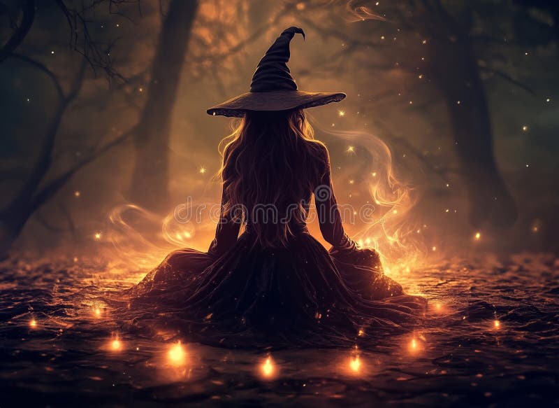 Witch Sitting in a Protection Circle of Candles. Generative AI Stock ...