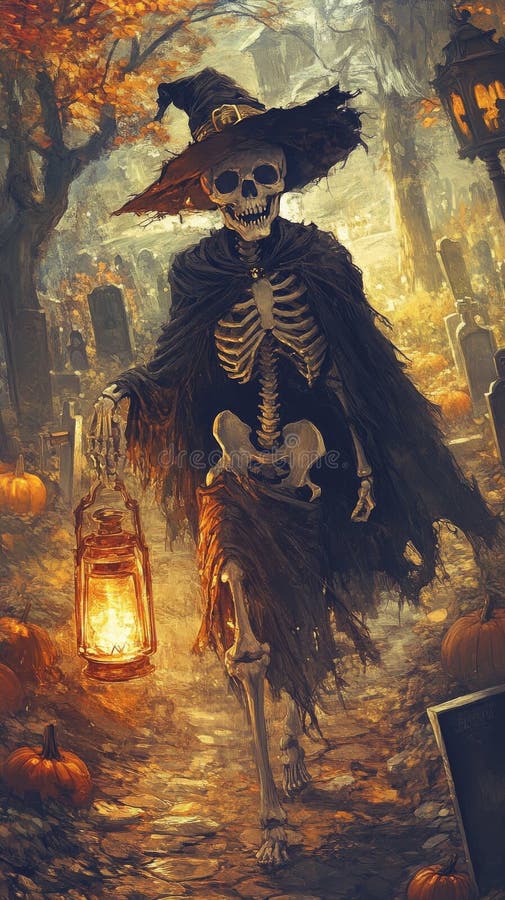 Witch Skeleton with Lantern in Mystical Graveyard Stock Image - Image ...