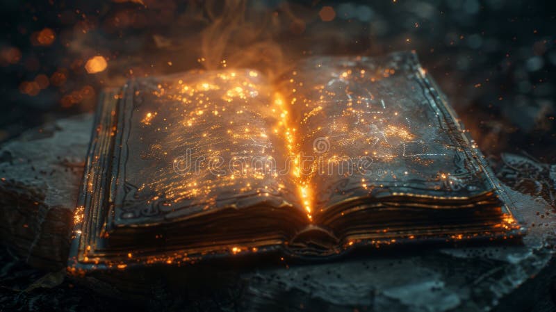 Witch Spell Book Open on an Ancient Glow with Golden Light and Mystical ...