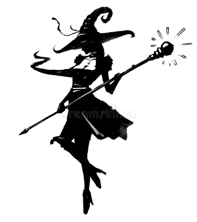 Witch with a Staff in a Hat with Curl Stock Illustration - Illustration ...