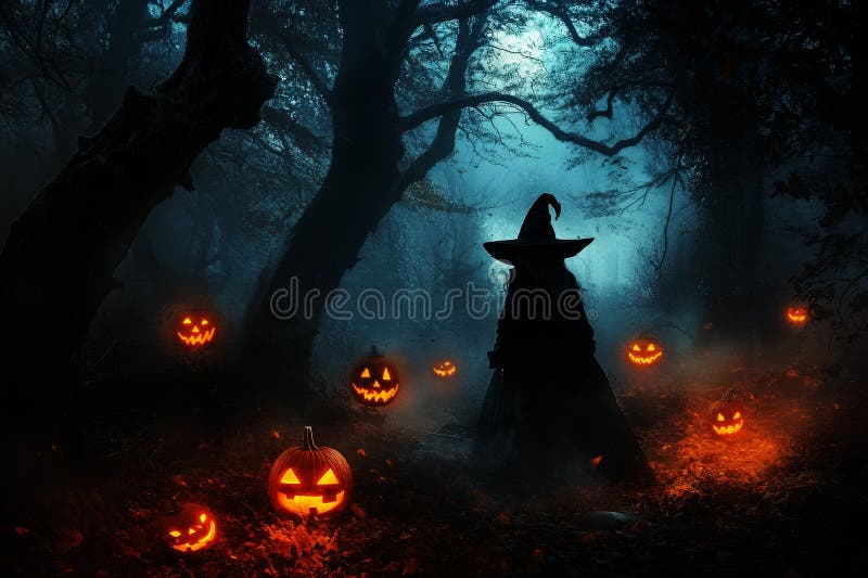 Witch Standing with Back Turned in Spooky Dark Forest with Torches ...