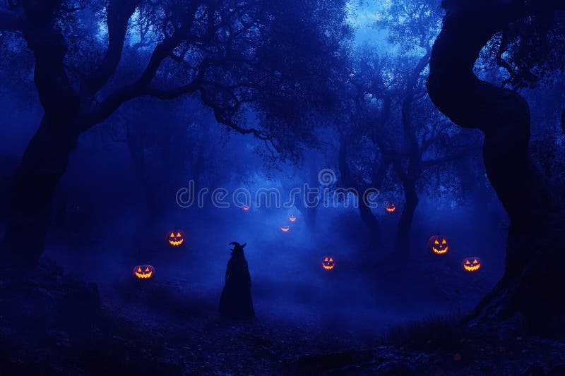 Witch Standing with Back Turned in Spooky Dark Forest with Torches ...