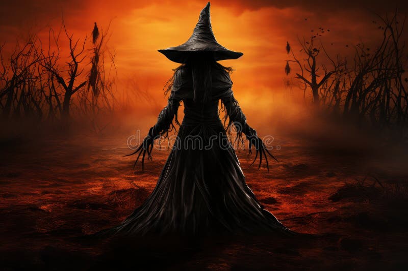 Witch Standing with Back Turned in Spooky Dark Forest with Torches ...
