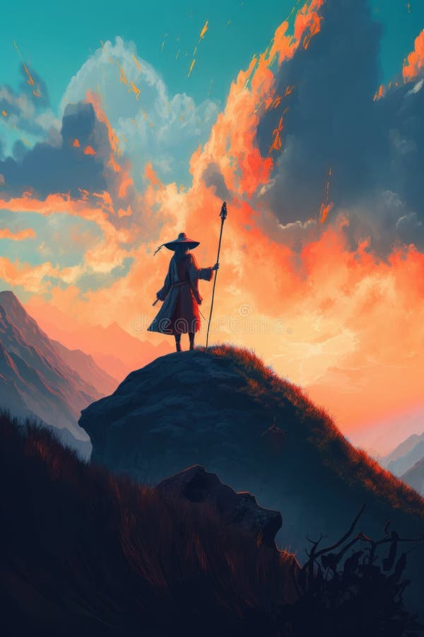 Witch is Standing with a Broom and Fly into the Sun Generative AI Stock ...