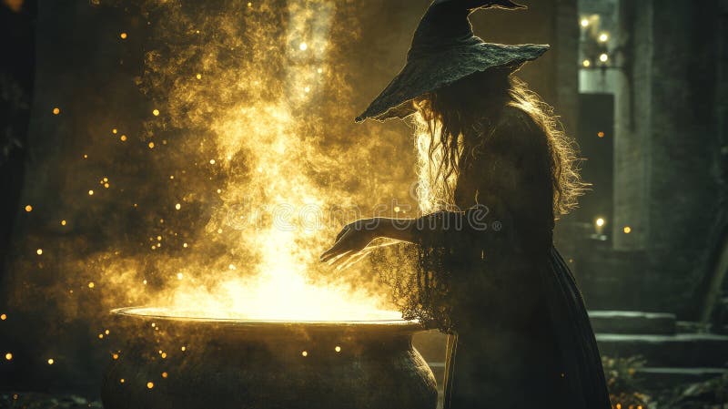 A Witch Stirring a Bubbling Cauldron of Mysterious Ingredients Stock ...
