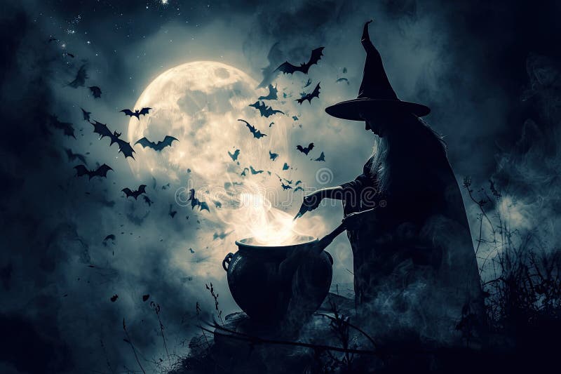 A Witch Stirring a Cauldron with a Full Moon and Bats in the Night Sky ...