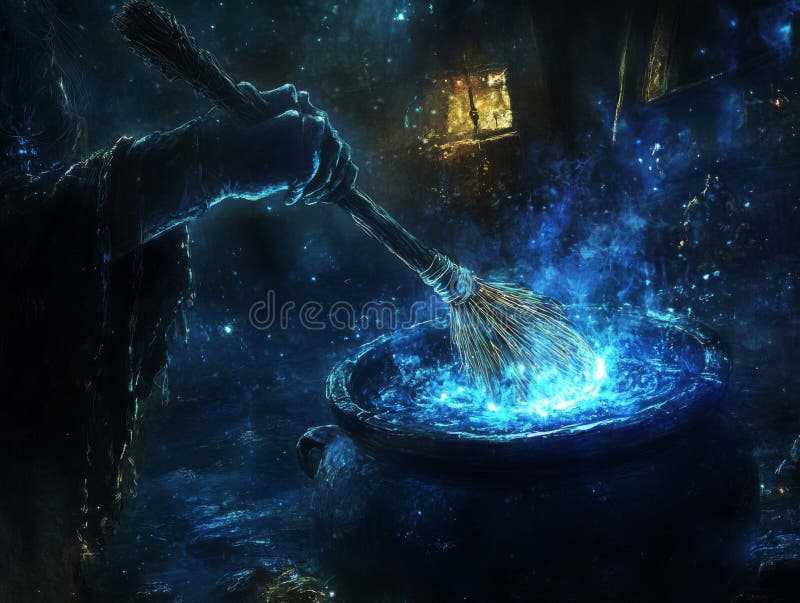 A Witch Stirs a Cauldron of Blue Potion in a Dark Room Stock ...