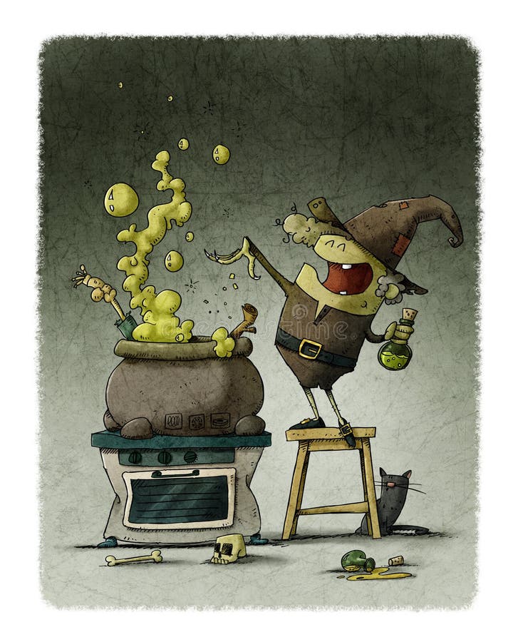 Witch Make a Huge Bubbling Potion Stock Illustration - Illustration of ...