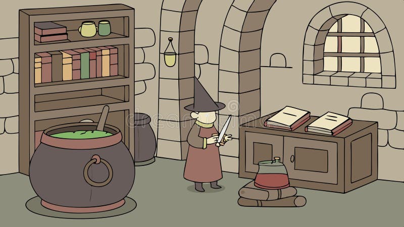 Witch in Study Room with Books, Fantasy Magic Scene Vector Design ...