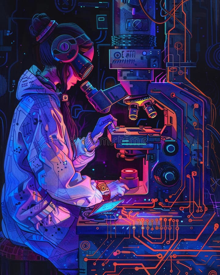 A Witch Studying Cybernetics Under a Giant Microscope, Neon Circuit ...