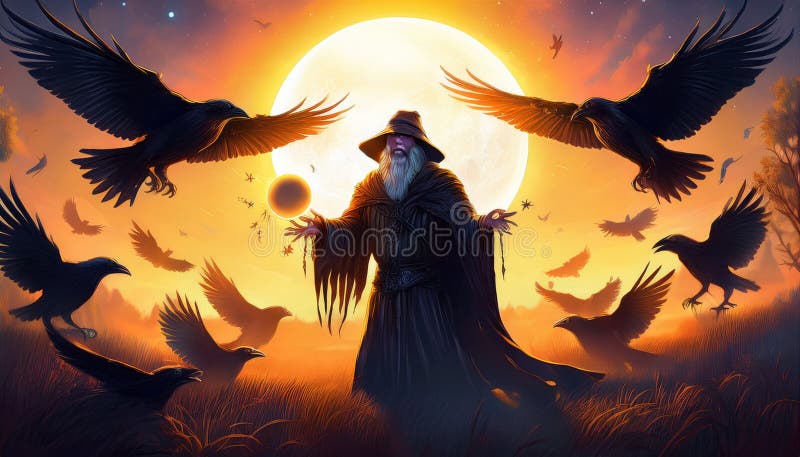 Witch at sunset with crows stock illustration. Illustration of ...