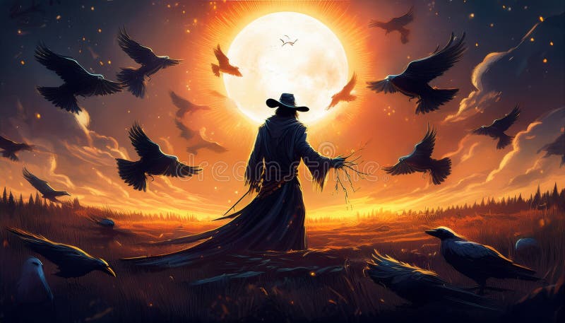 Witch at sunset with crows stock illustration. Illustration of painting ...