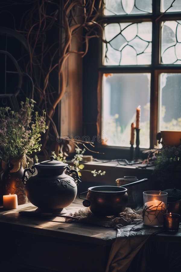 Witch Table with Cauldron and Herbs. AI Generated. Stock Illustration ...