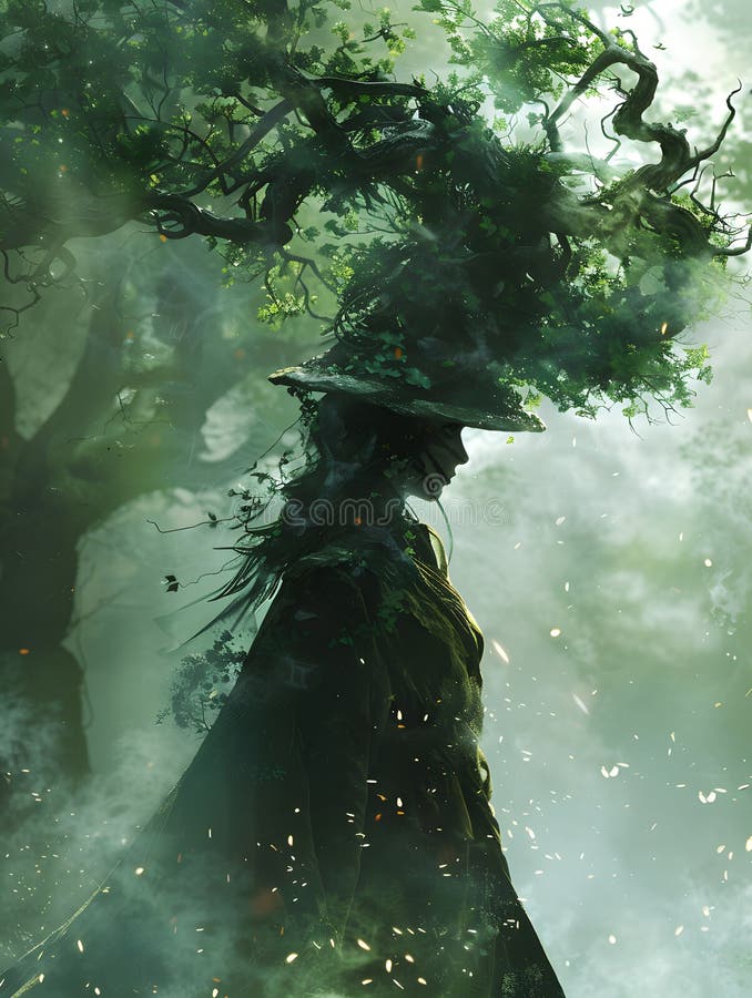 A Witch with a Tree Hat in a Forest by a Watercourse Stock Photo ...